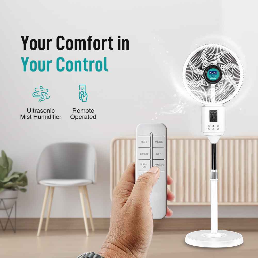 KUHL Exzel H1 1200RPM BLDC Pedestal fan | 8 Blades | 4 Speed | Low Noise | 8 Hr Tank | Touch ...